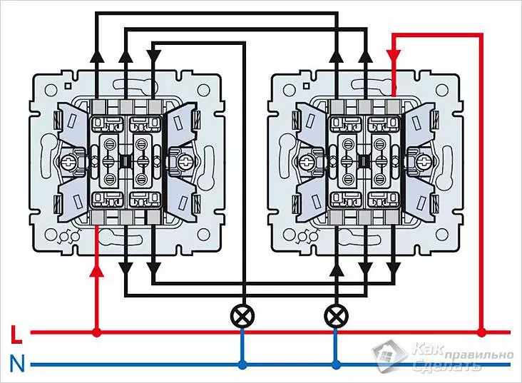 Diagrama de conexión de interruptores de paso de dos bloques.